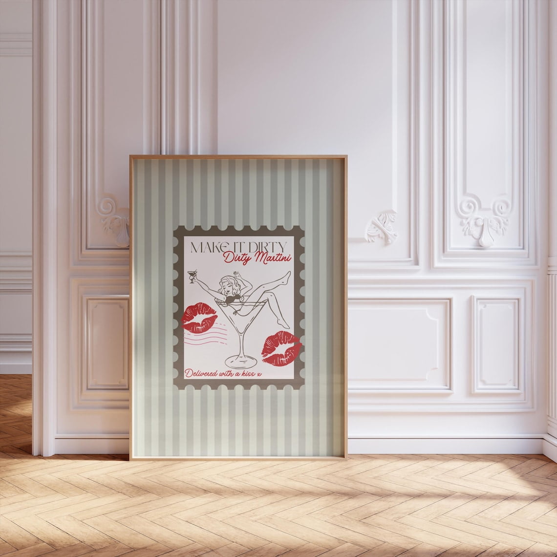 Dirty Martini Sage Stripes Retro Stamp Print: Trendy Kitchen Bar Cart ...