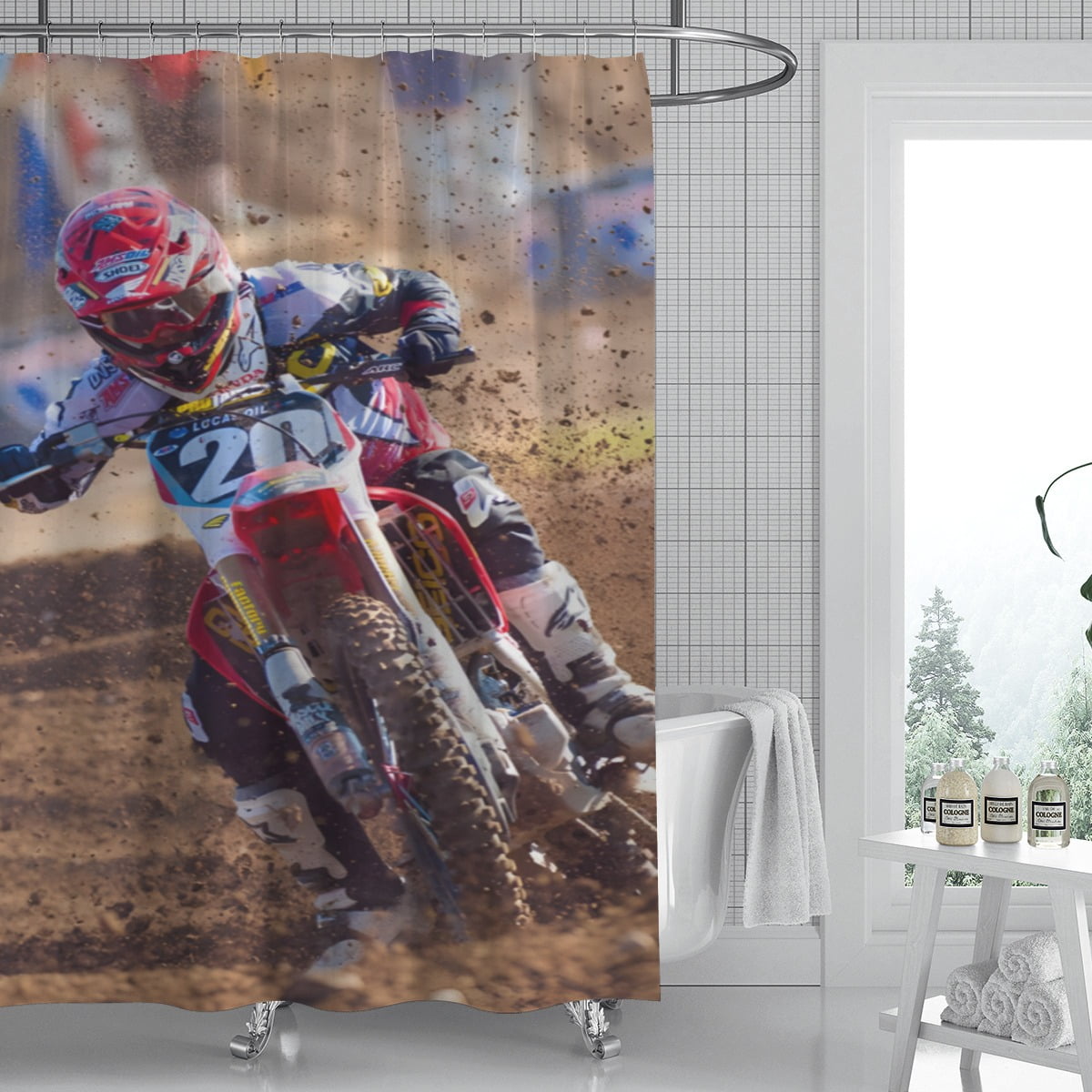 Dirty Motocross Dirt Bike shower curtain showcases an iconic artwork ...
