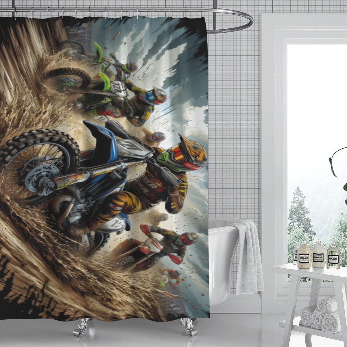 Dirty Motocross Dirt Bike shower curtain showcases an iconic print, is ...