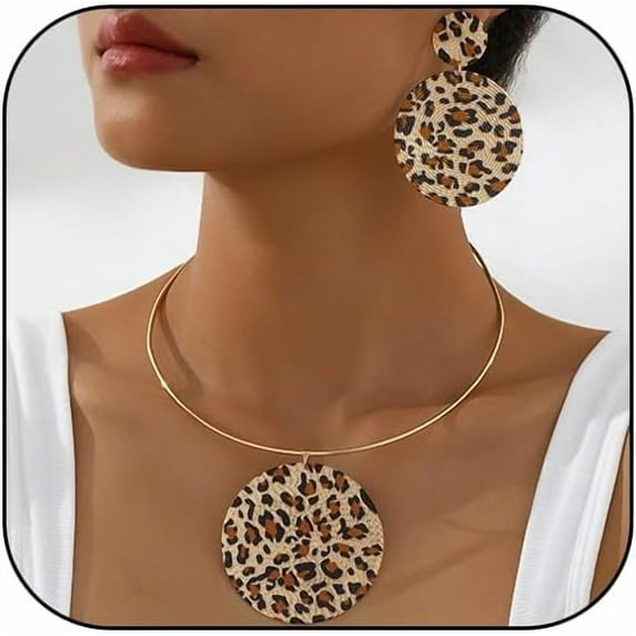Disc Earrings Necklace Set for Women Gold Leopard Big Round Disc Choker ...