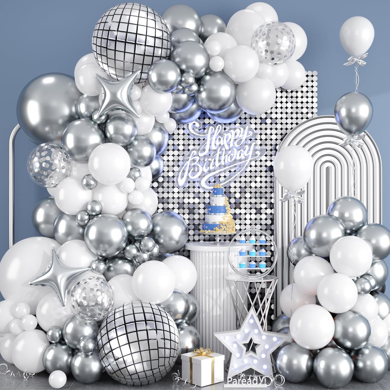 Disco Ball Balloon Arch, 120 Pcs White Silver Balloon Arch Garland, 18 ...