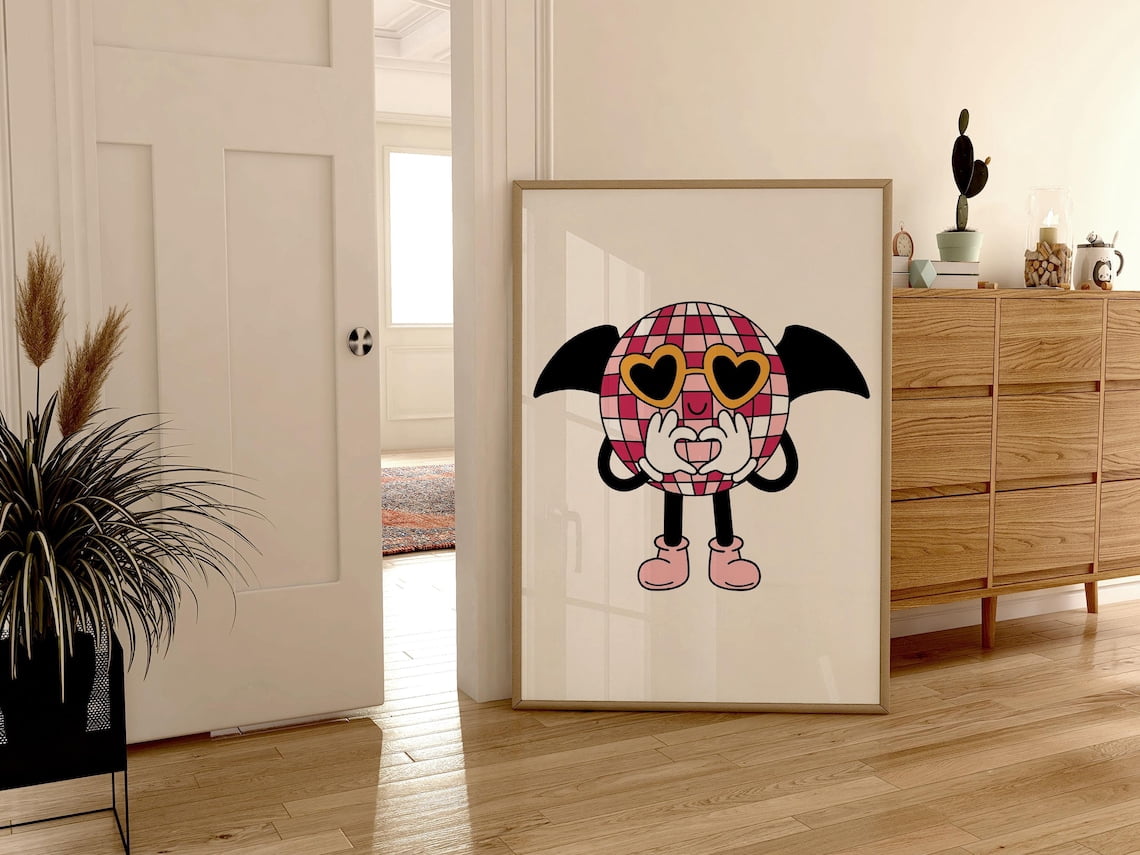 Disco Ball Bat Party Illustration Wall Art Preppy Dorm Decor, Unframed ...