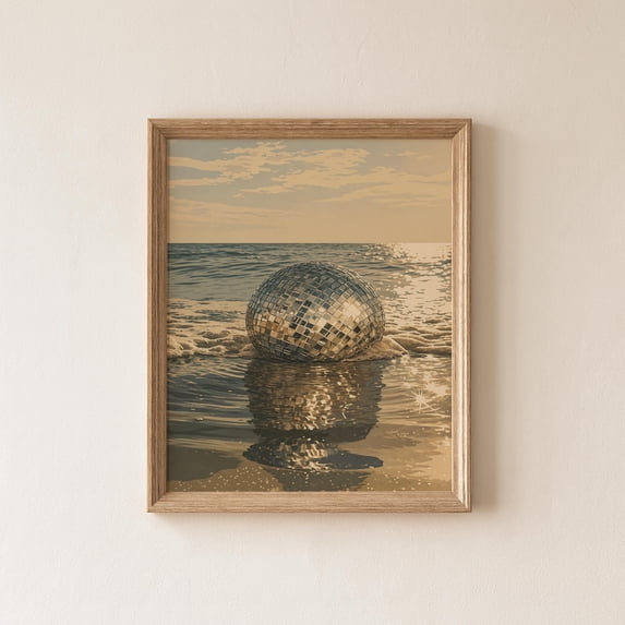 Disco Ball Beach Poster, Coastal Wall Art, Ocean Sunset Print, Minimal ...