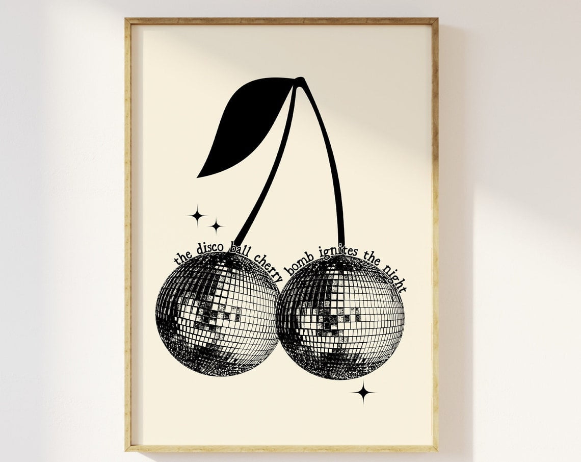 Disco Ball Cherry Bomb Retro Trendy Print - Disco Rave Music, Cherries, Feminine Aesthetic Dorm ...