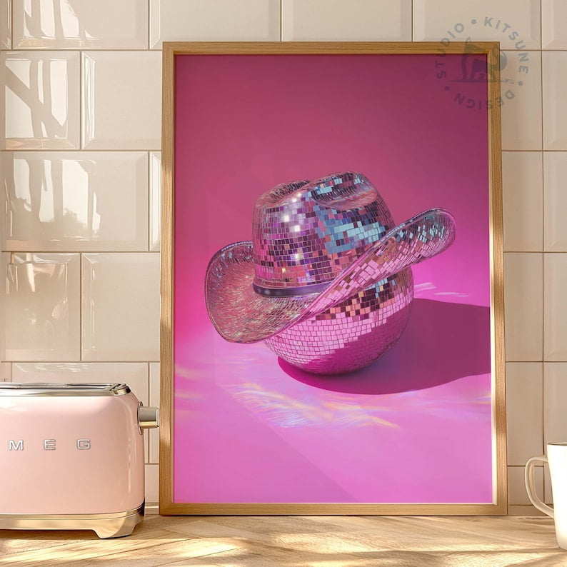 Disco Ball Cowgirl Hat Wall Art, Funky Western Decor Gift, Groovy Pink ...