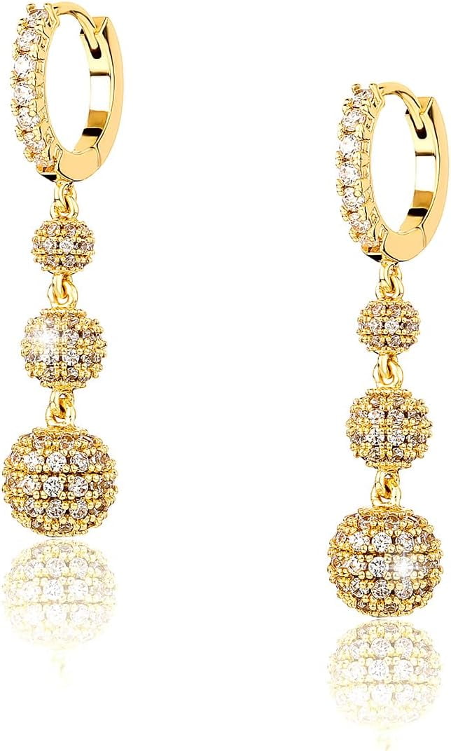 Disco Ball Dangle Hoop Earrings For Women 14K Gold Sparkle Rhinestone ...