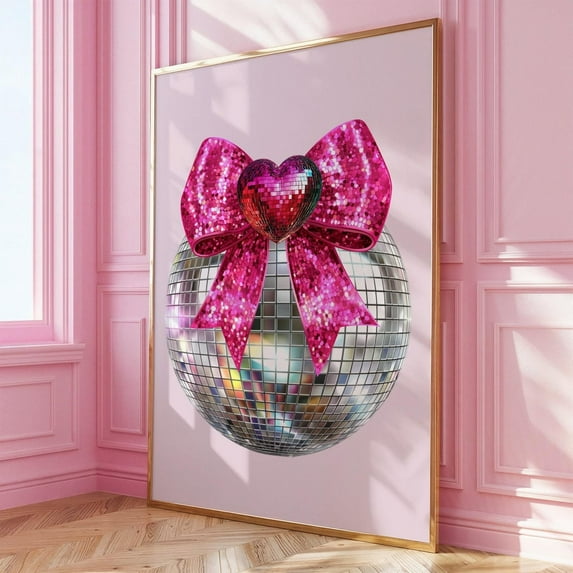 Disco Ball Heart Print, Coquette Pink Bow, V-Day Home Decor Poster ...