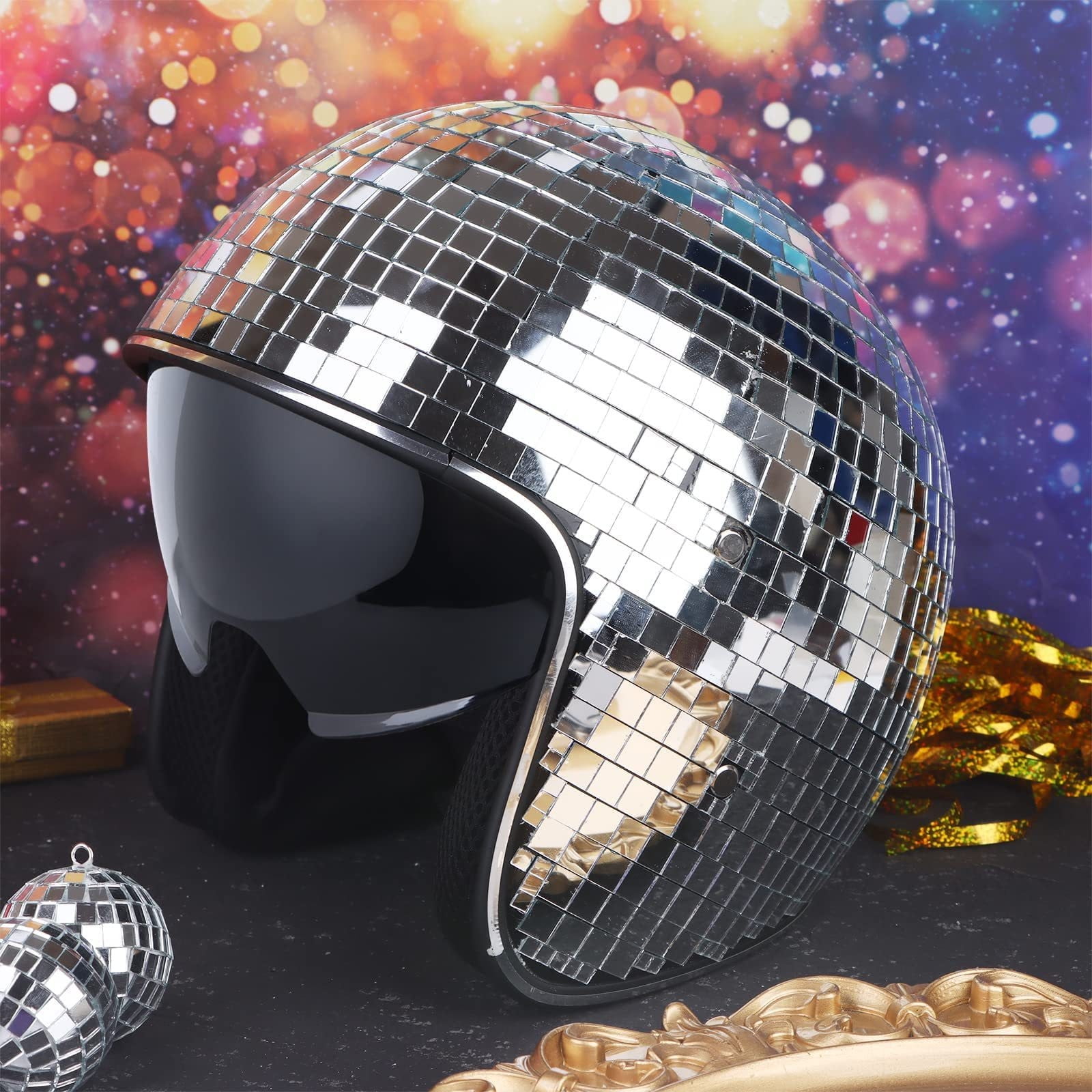 Disco Ball Helmet with Retractable Visor Silver Glitter Mirror Glass ...