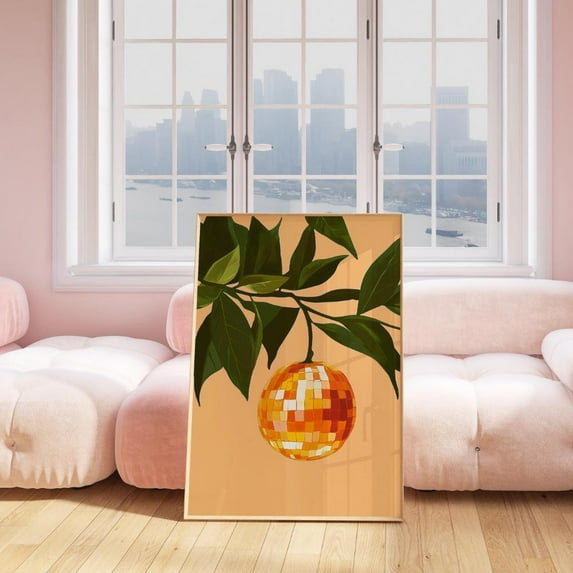 Disco Ball In Orange Tree Art Poster, Green Leaves Kitchen Wall Decor ...