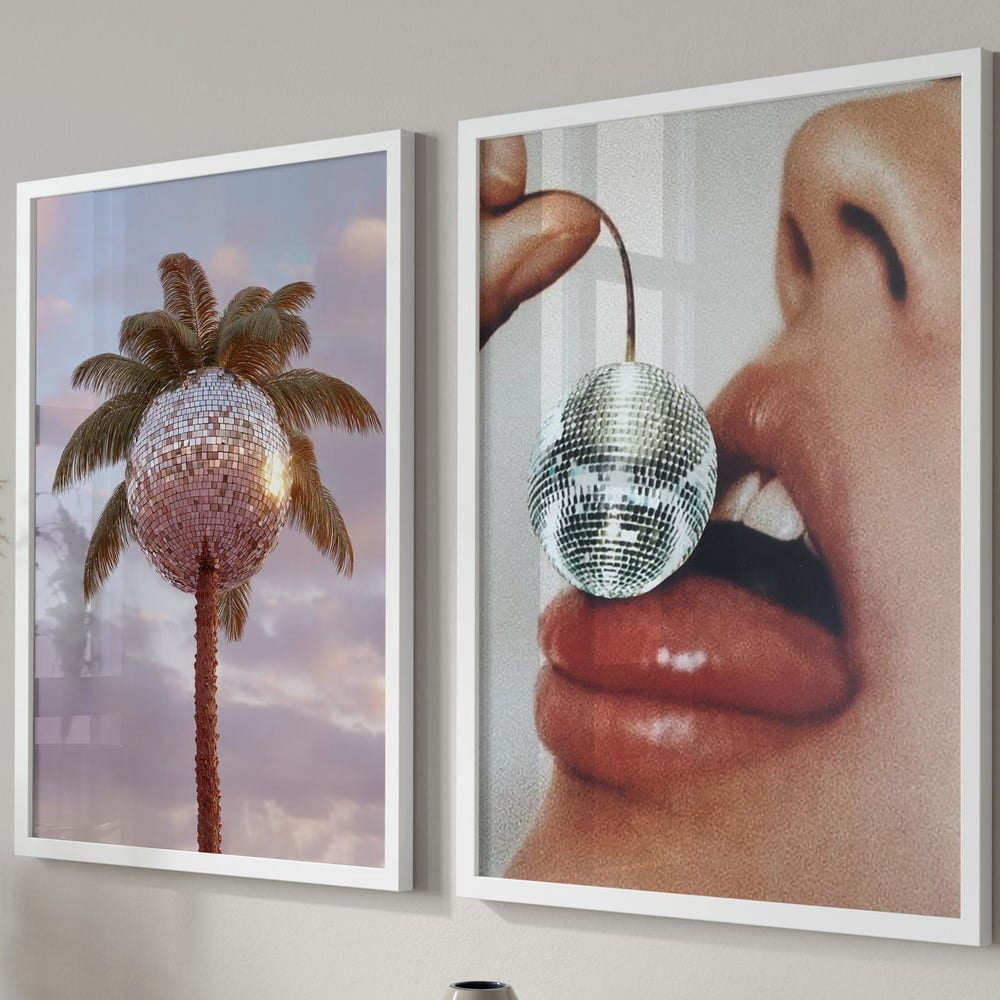 Disco Ball Palm Tree Cherry Mouth Y2K Dopamine Wall Art Set 2 Unframed ...