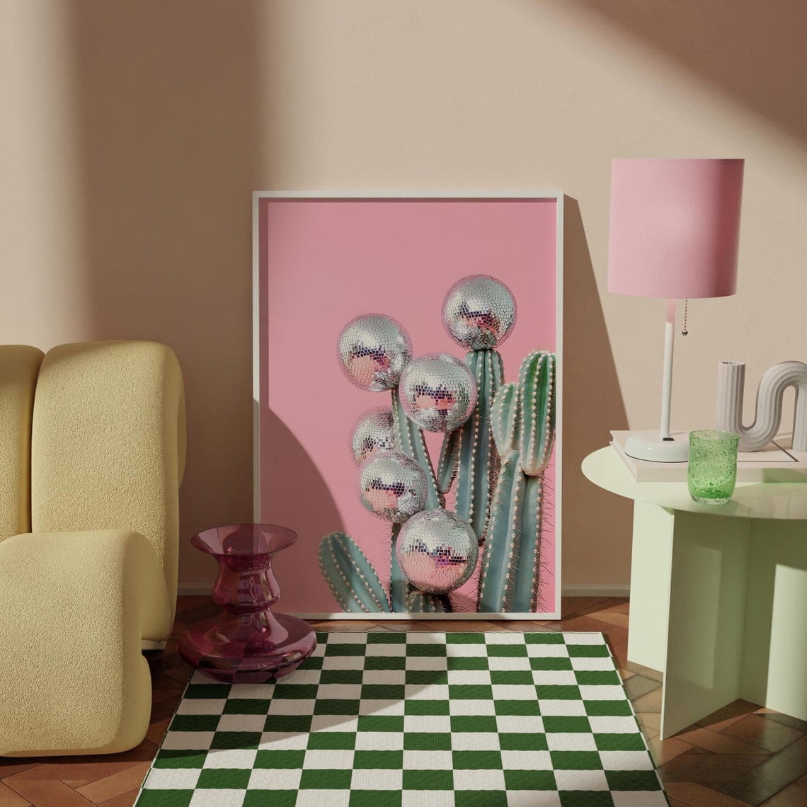 Disco Ball Pink Cactus Wall Art, Unframed Paper Print Size 24x36 ...