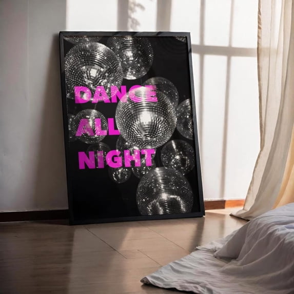 Disco Ball Poster Dance All Night Pink Typography Poster, Unframed ...