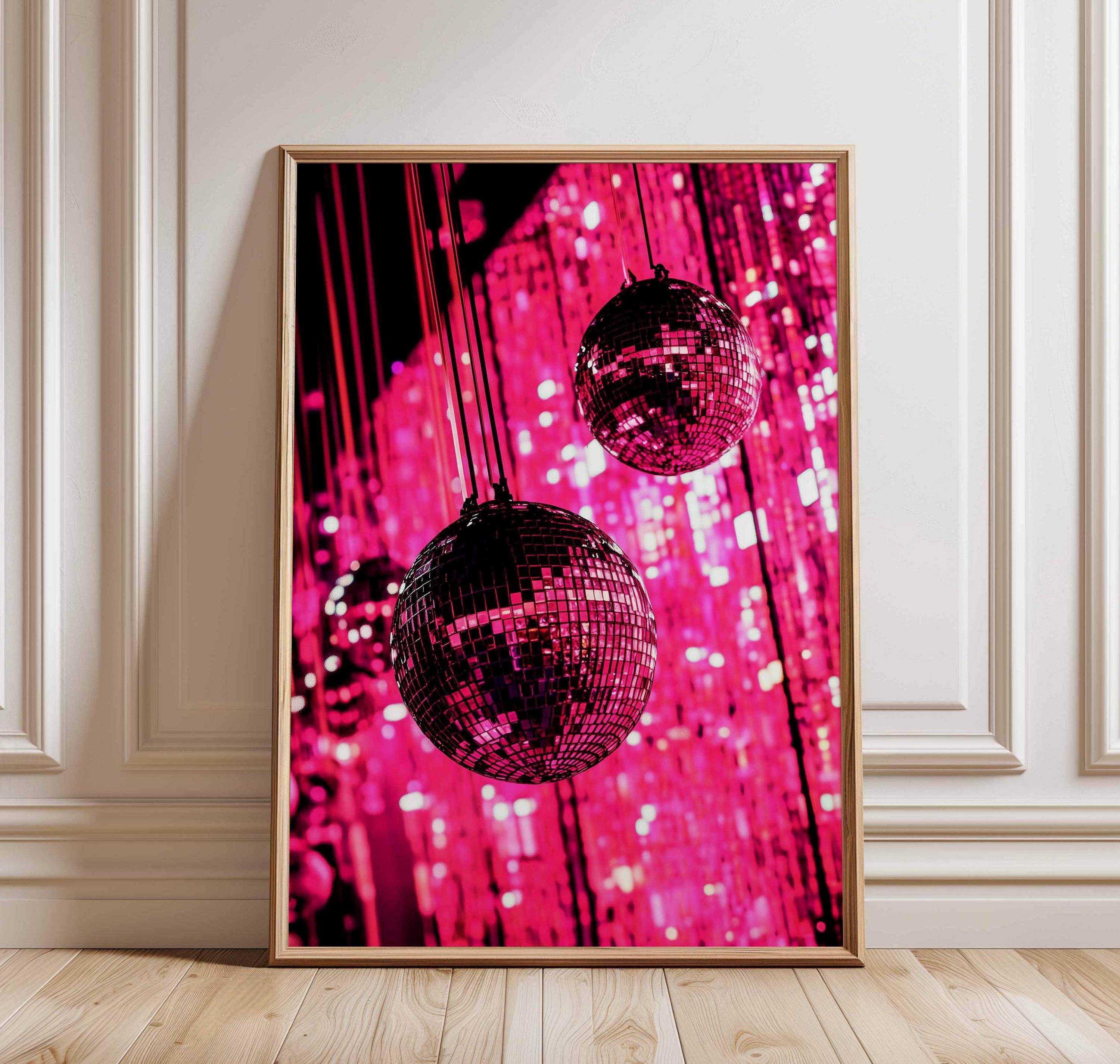 Disco Ball Poster Pink Neon Lights With Sparkling Mirror Balls Retro ...