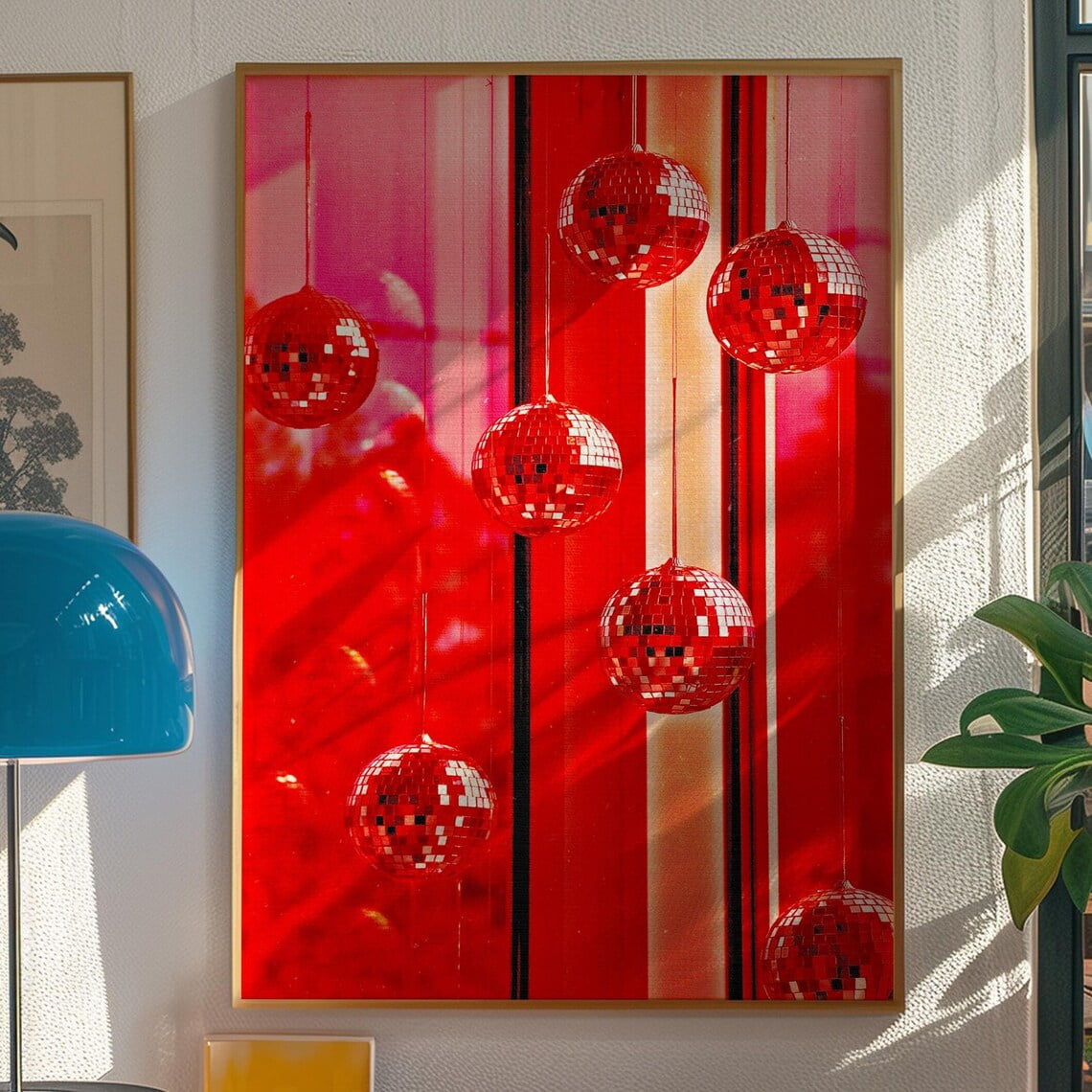 Disco Ball Poster, Red Wall Art, Party Poster, Retro Decor, Vintage ...