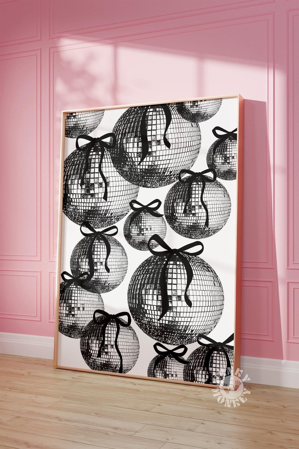 Disco Ball Print, Black Bows Coquette Digital Print, Retro Wall Art ...