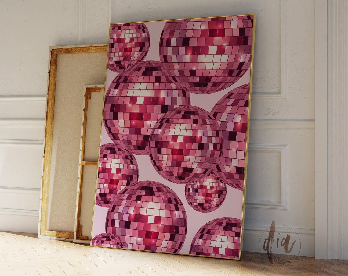 Disco Ball Print, Pink On Pink Disco Balls, Preppy Poster, Retro Girly ...