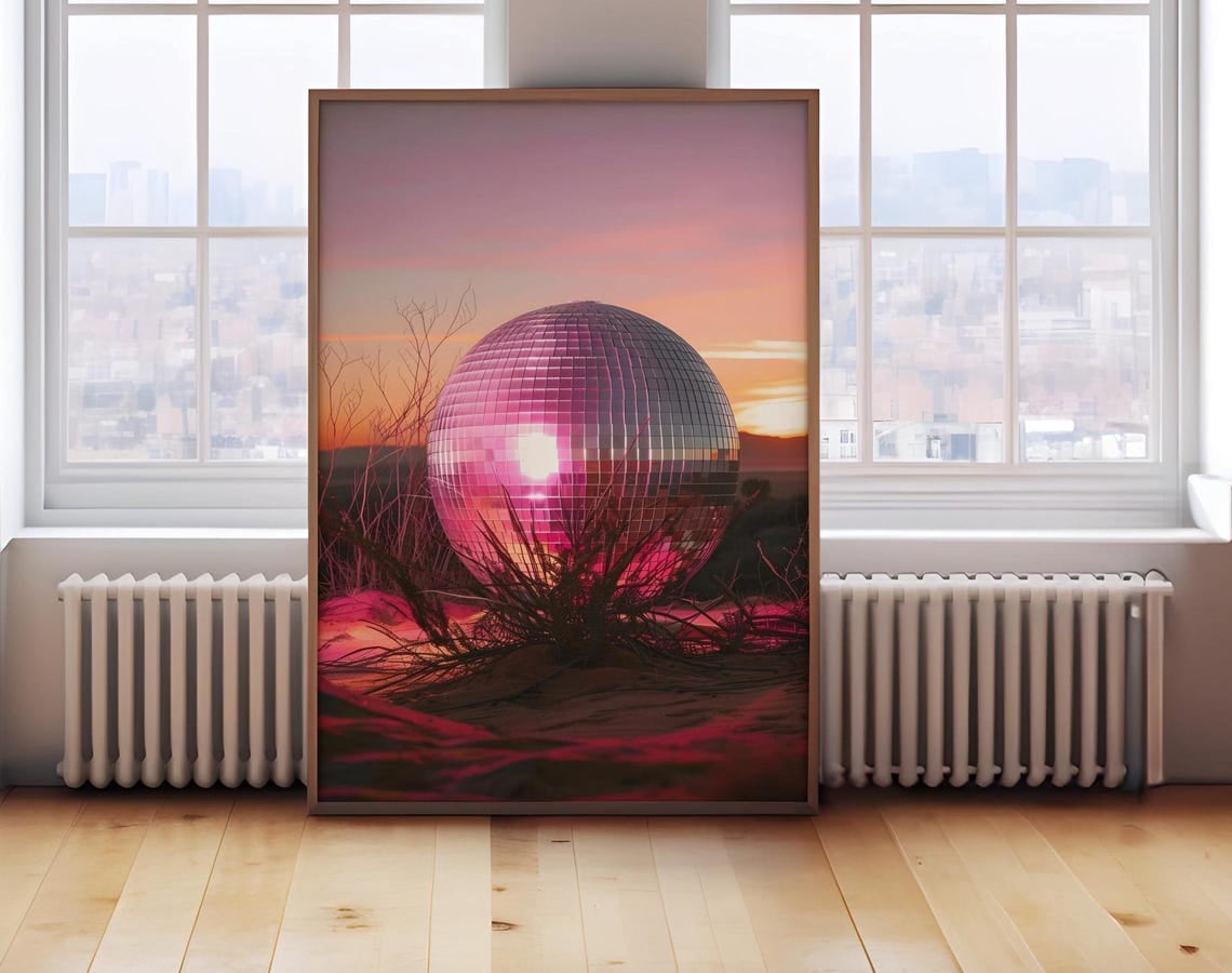 Disco Ball Sunset Wall Art Poster, Retro Desert California Sunset, Pink ...