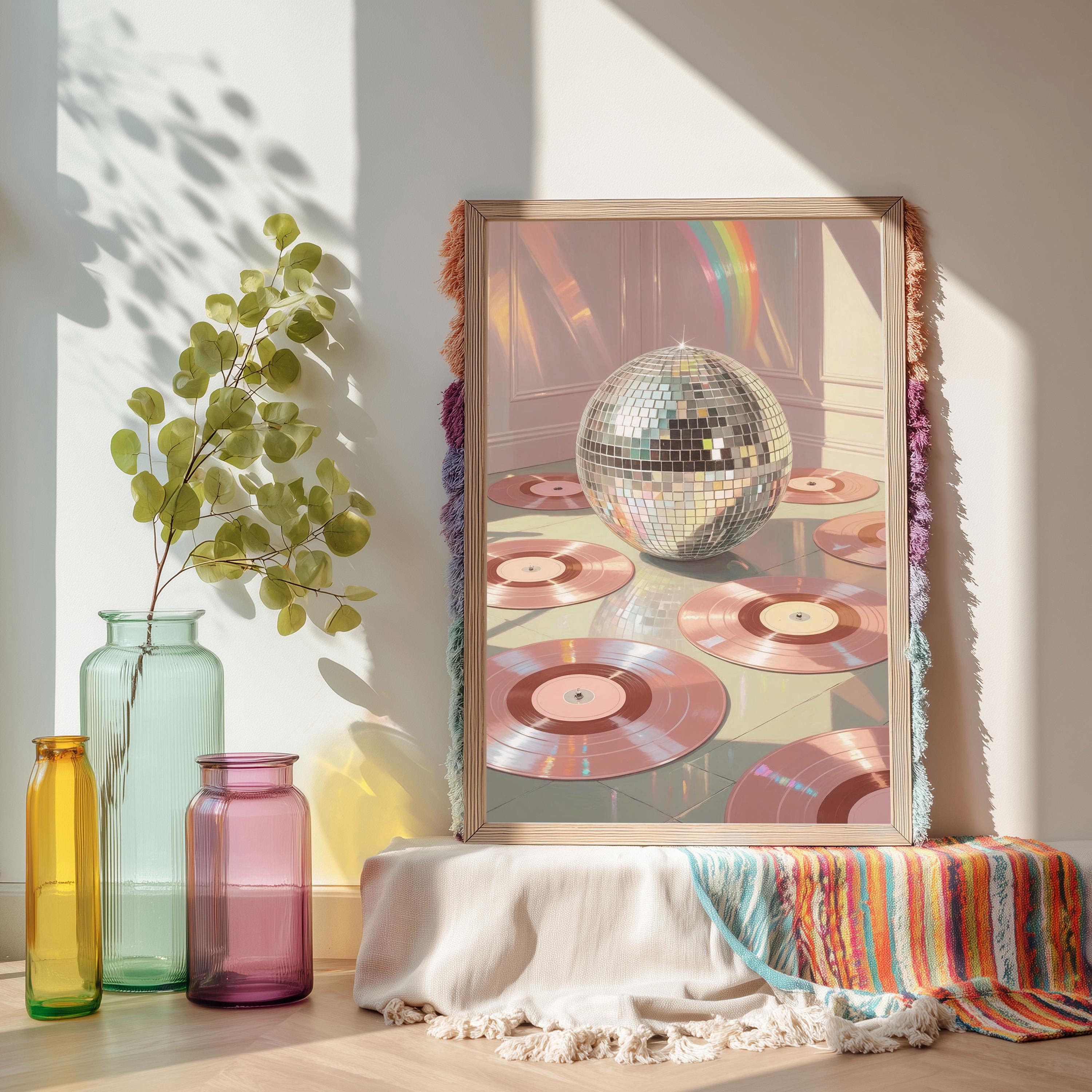 Disco Ball Wall Art Pink Vinyl Record Poster Rainbow Reflection Party ...