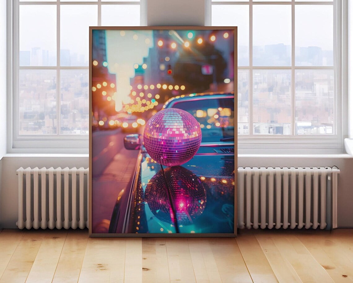 Disco Ball Wall Art Poster, Retro City Lights Photography, Neon Glam ...