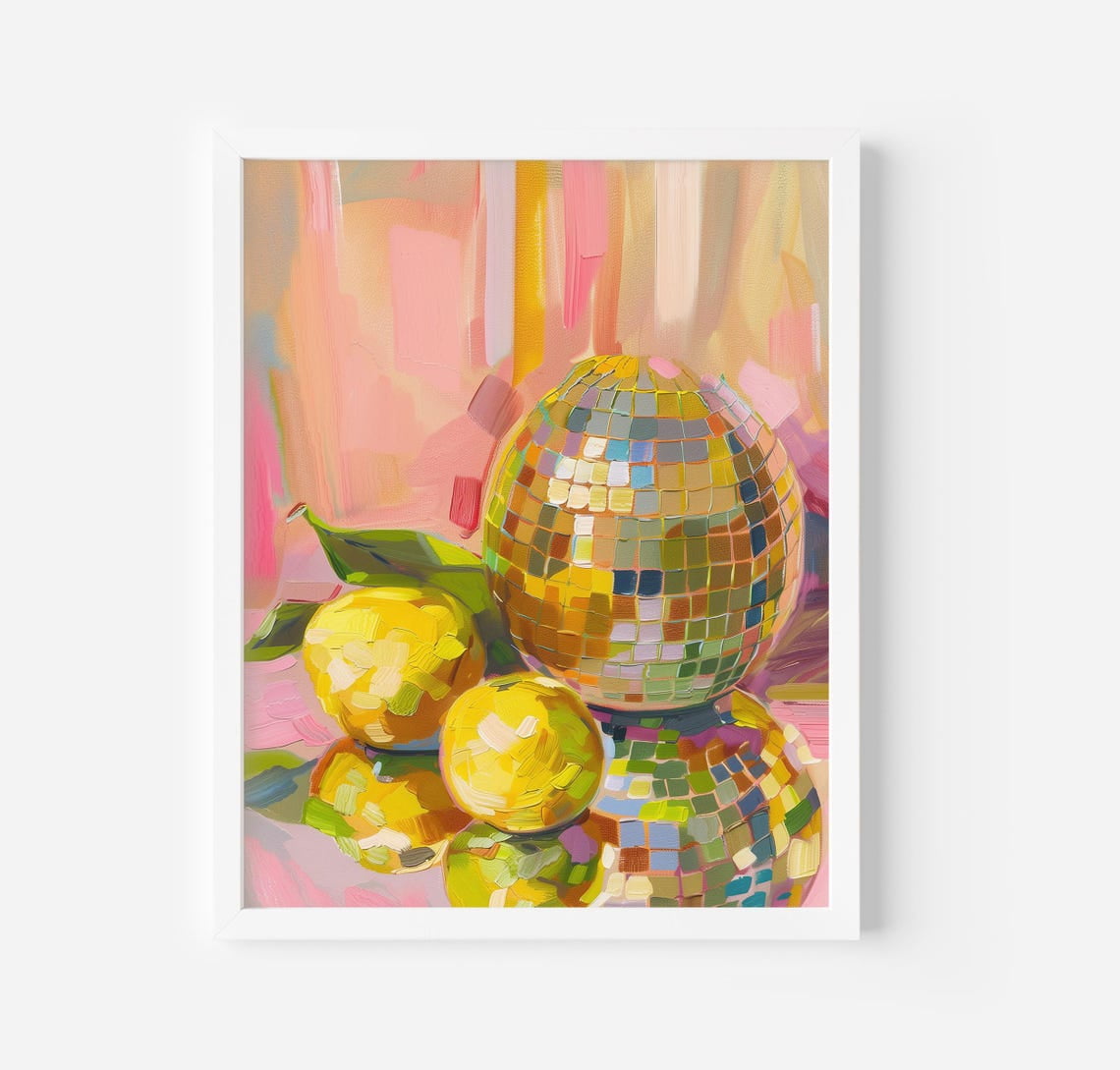 Disco Ball and Lemon Poster Soft Pink Acrylic , Dopamine Decor ...