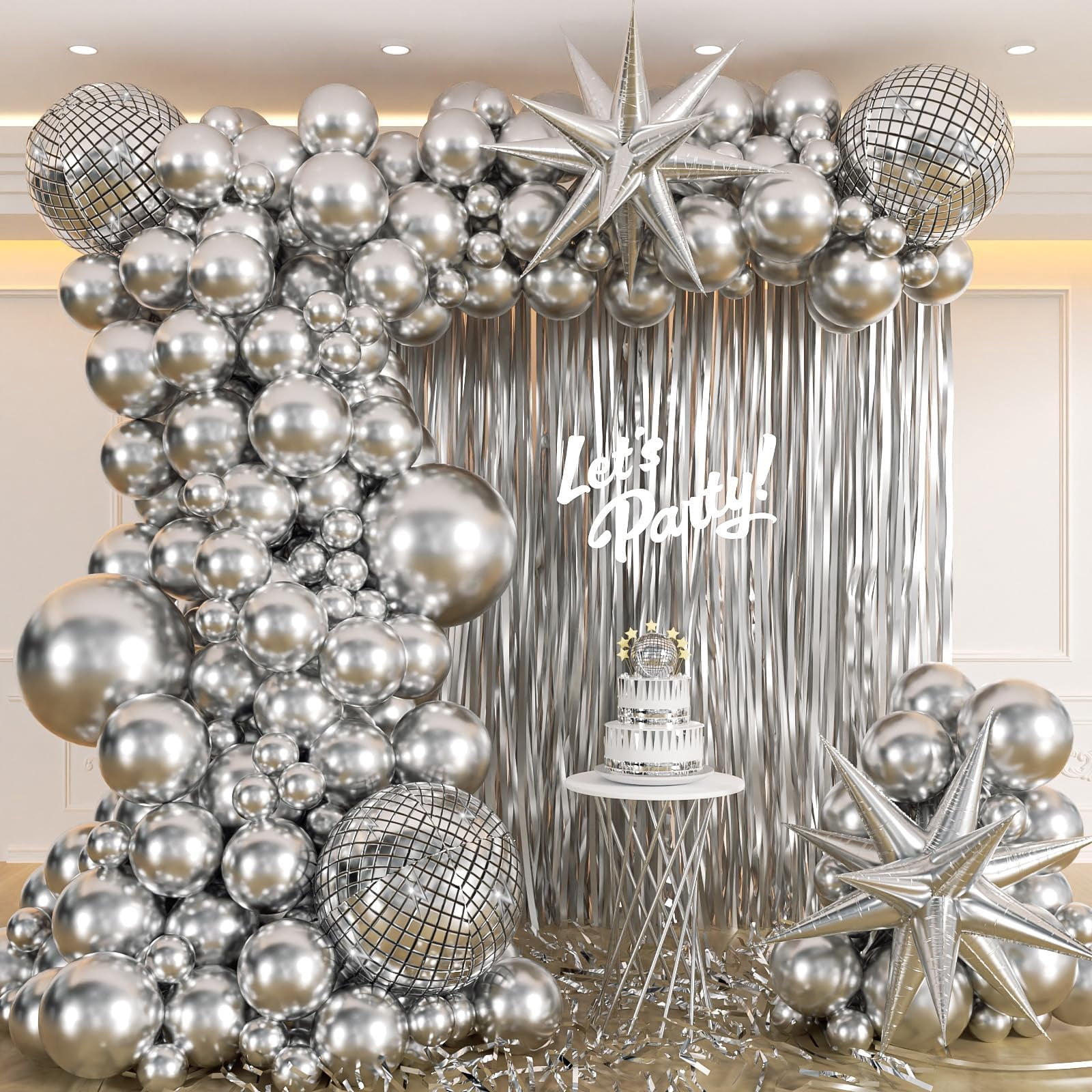 Disco Balloon Arch Garland Kit, Metallic Silver Balloon Arch with Disco ...