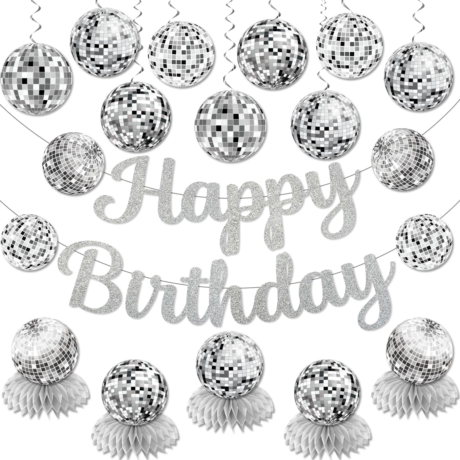 Disco Birthday Party Decorations - Silver Disco Ball Banner, Honeycomb ...