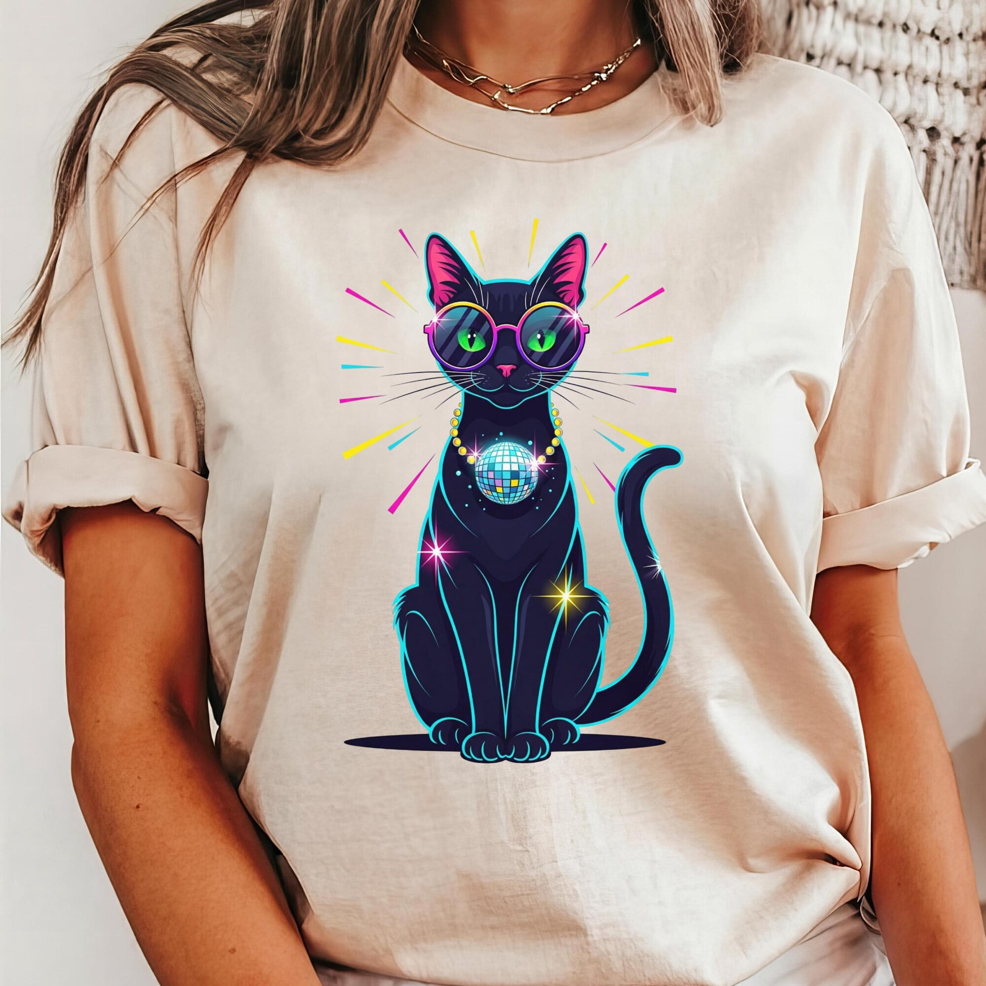 Disco Cat TShirt Neon Cool Cat Shirt Retro Futuristic Kitty TeeBlack ...