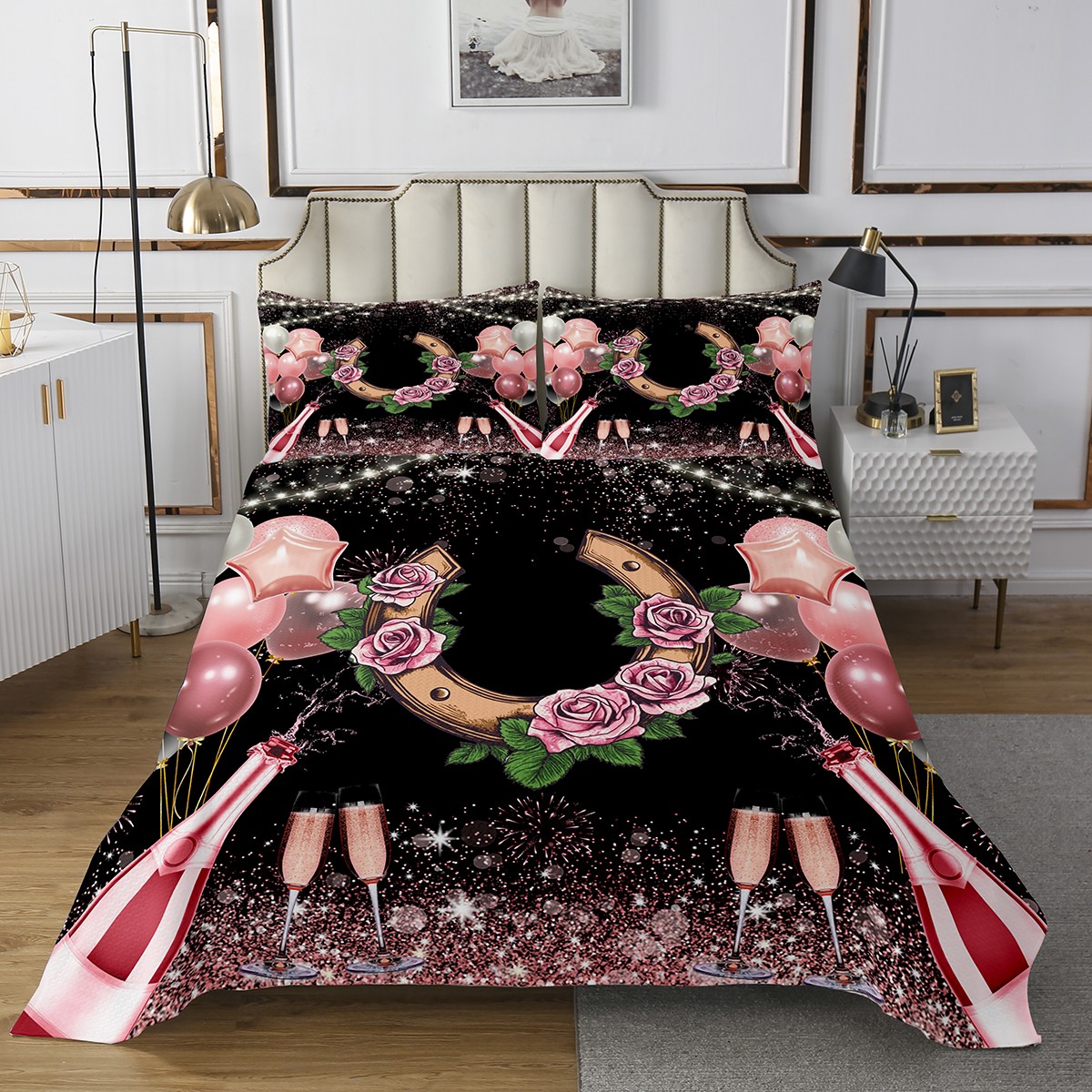 Disco Cowgirl Girls Quilt Set Twin,Rose Horseshoe Bedspread Set For ...