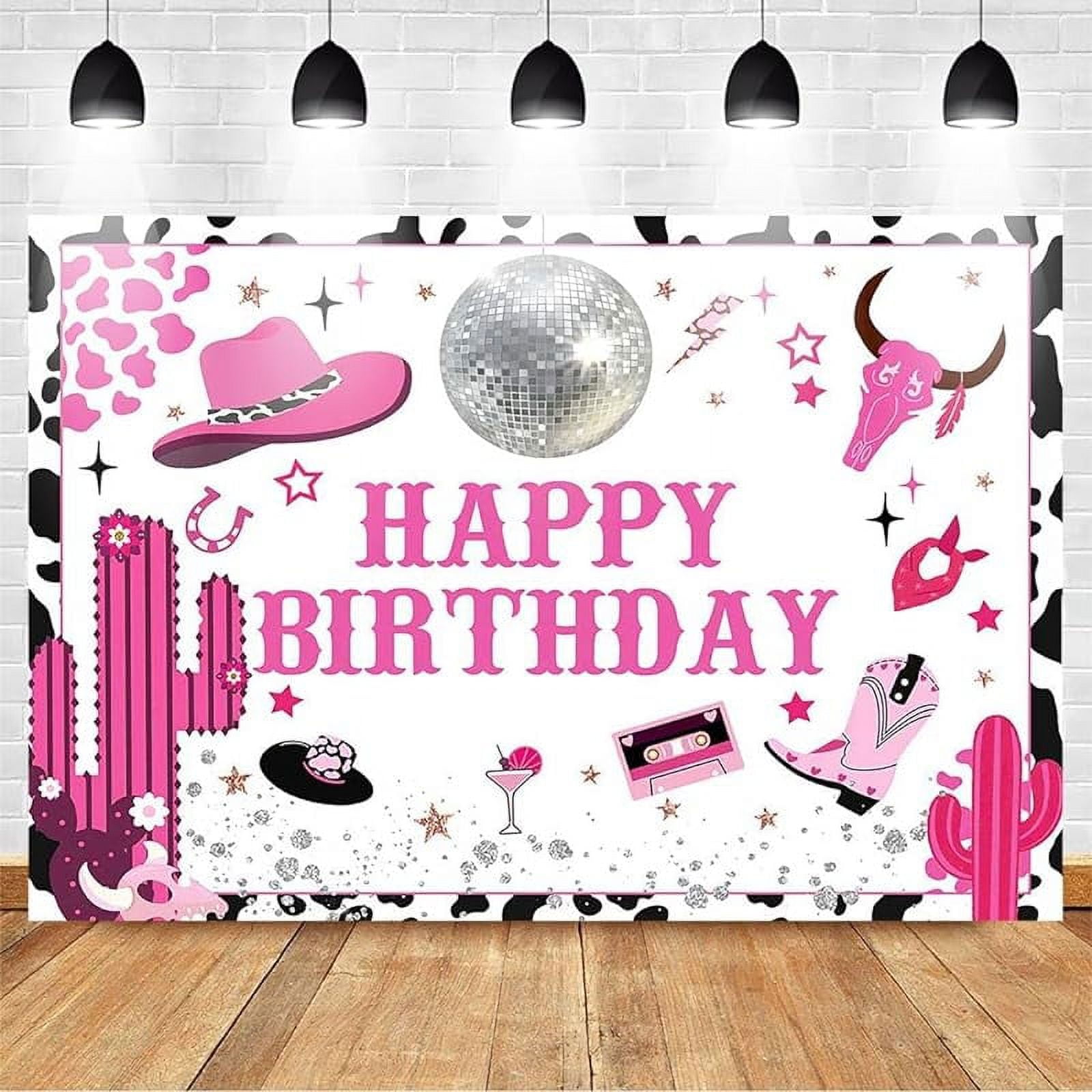 Disco Cowgirl Happy Birthday Backdrop Hot Pink Cow Girls Birthday Party ...