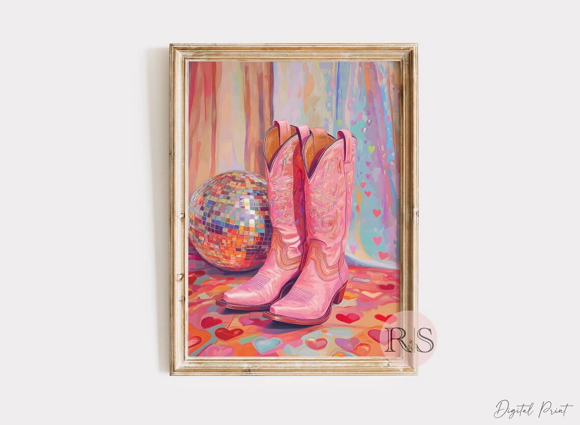Disco Cowgirl Valentines Painting Art Print, Valentines Day Pink ...