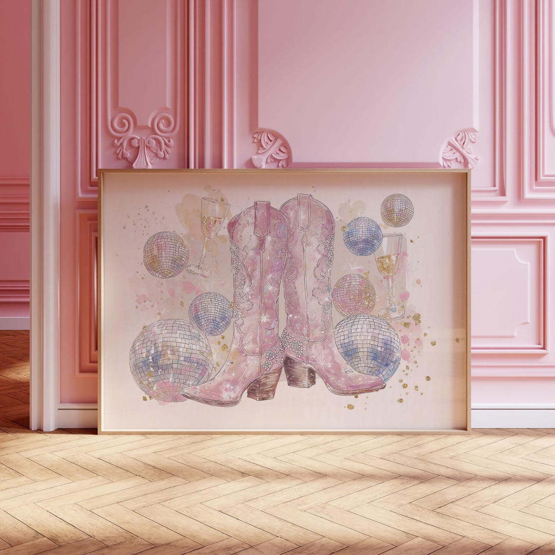 Disco Cowgirl Wall Art Pink Cowboy Boots Wall Art Western Glam Wall Art ...