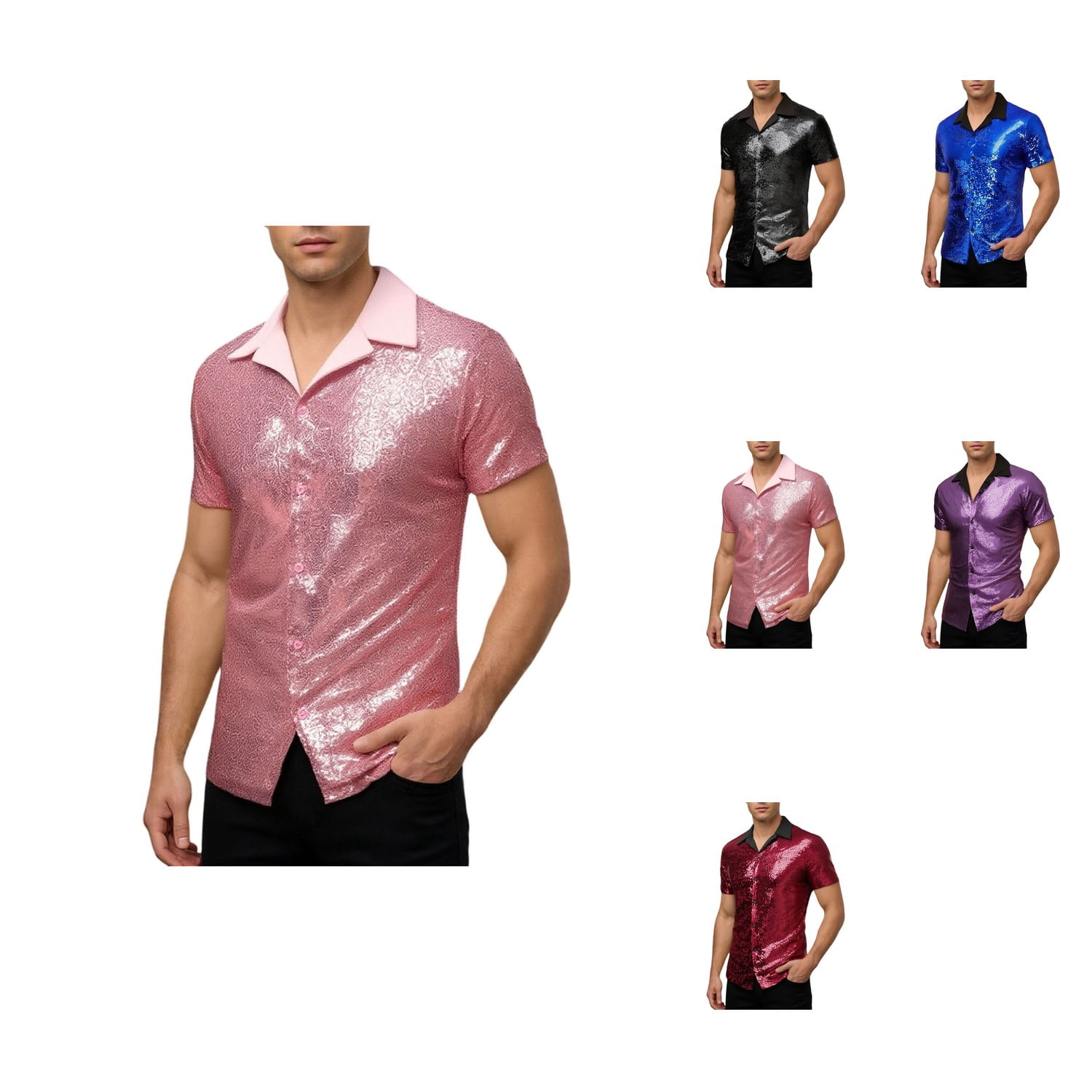 Disco Glitter Short Sleeve Shirt Party Shirt With Lapel Top For Dance ...
