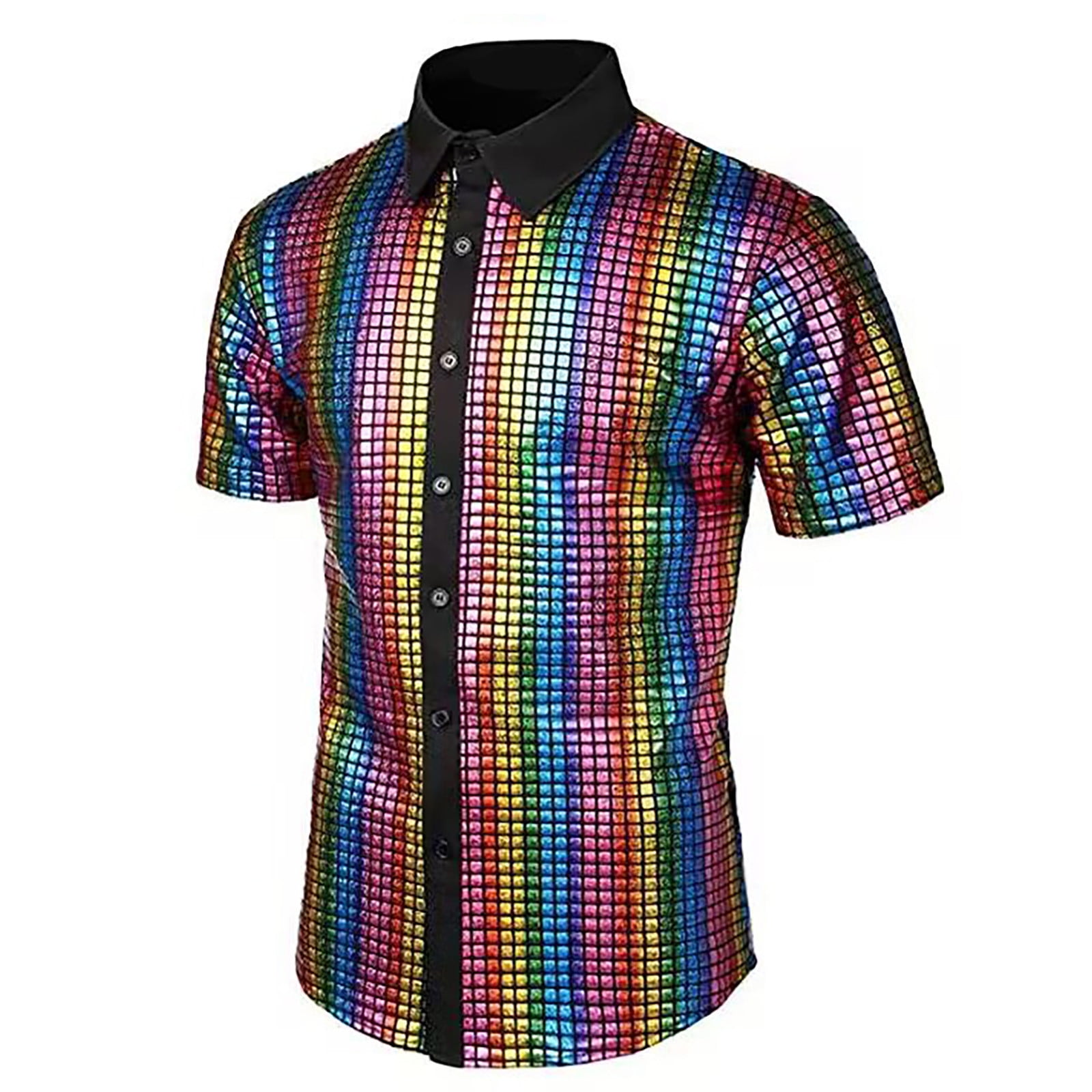 Disco Outfit Fashion Mens 70s 80s Shiny Sequin Shirts Metallic Party Short Sleeve Button Down ...