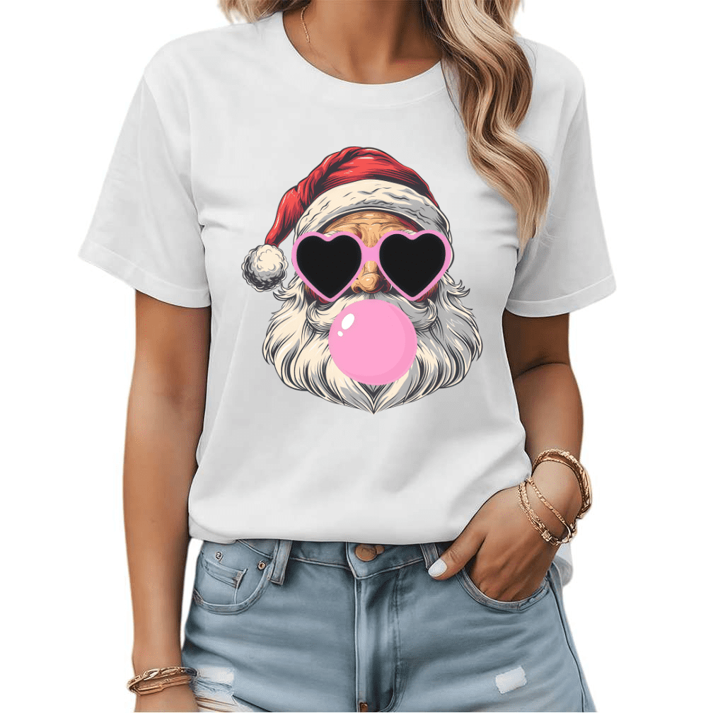 Disco Pink Santa Bubble Gum Graphic Tees Womans T-shirt Black/White S ...