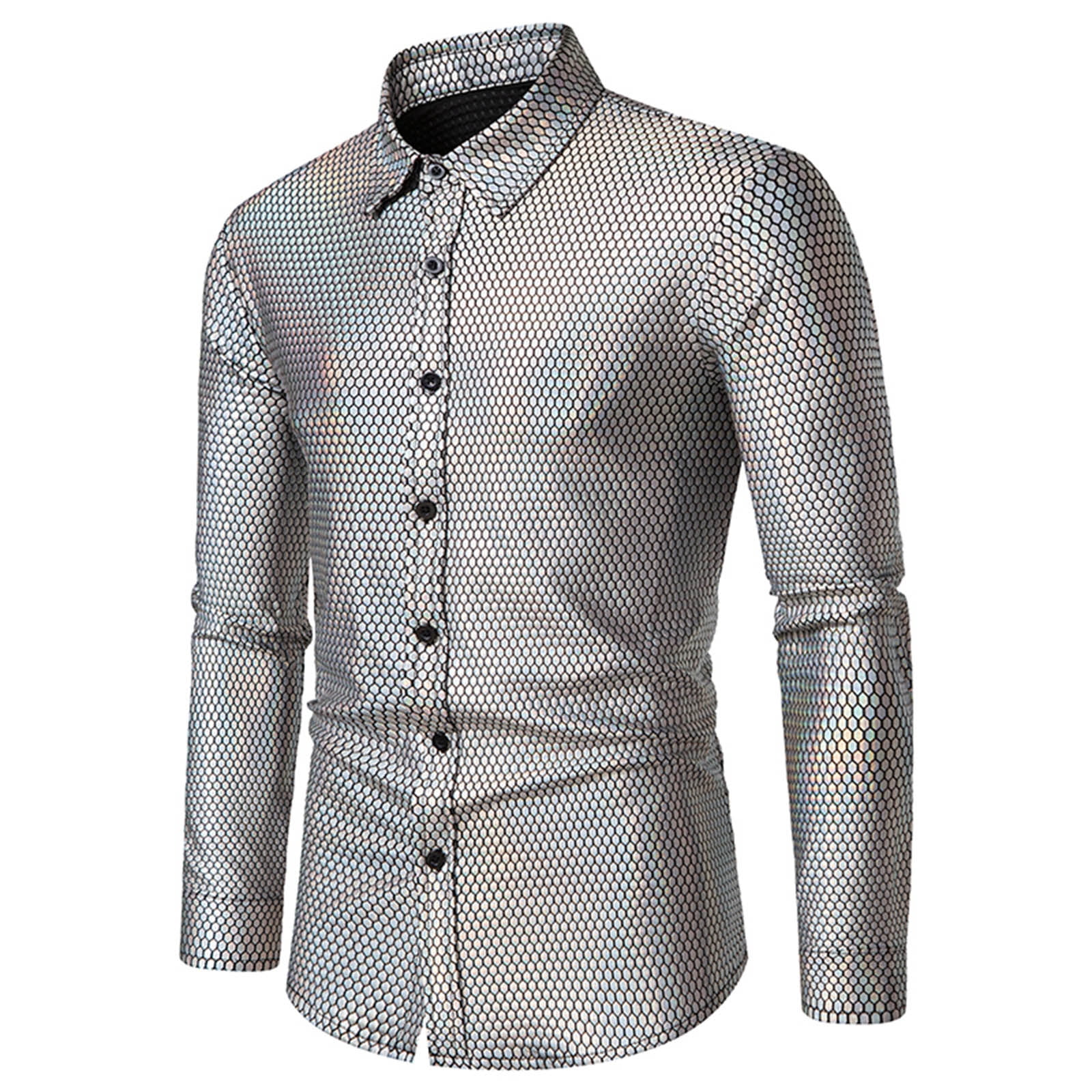 Disco Shirts Men 70s,Men's Metallic Disco Shiny Slim Fit Long Sleeve ...