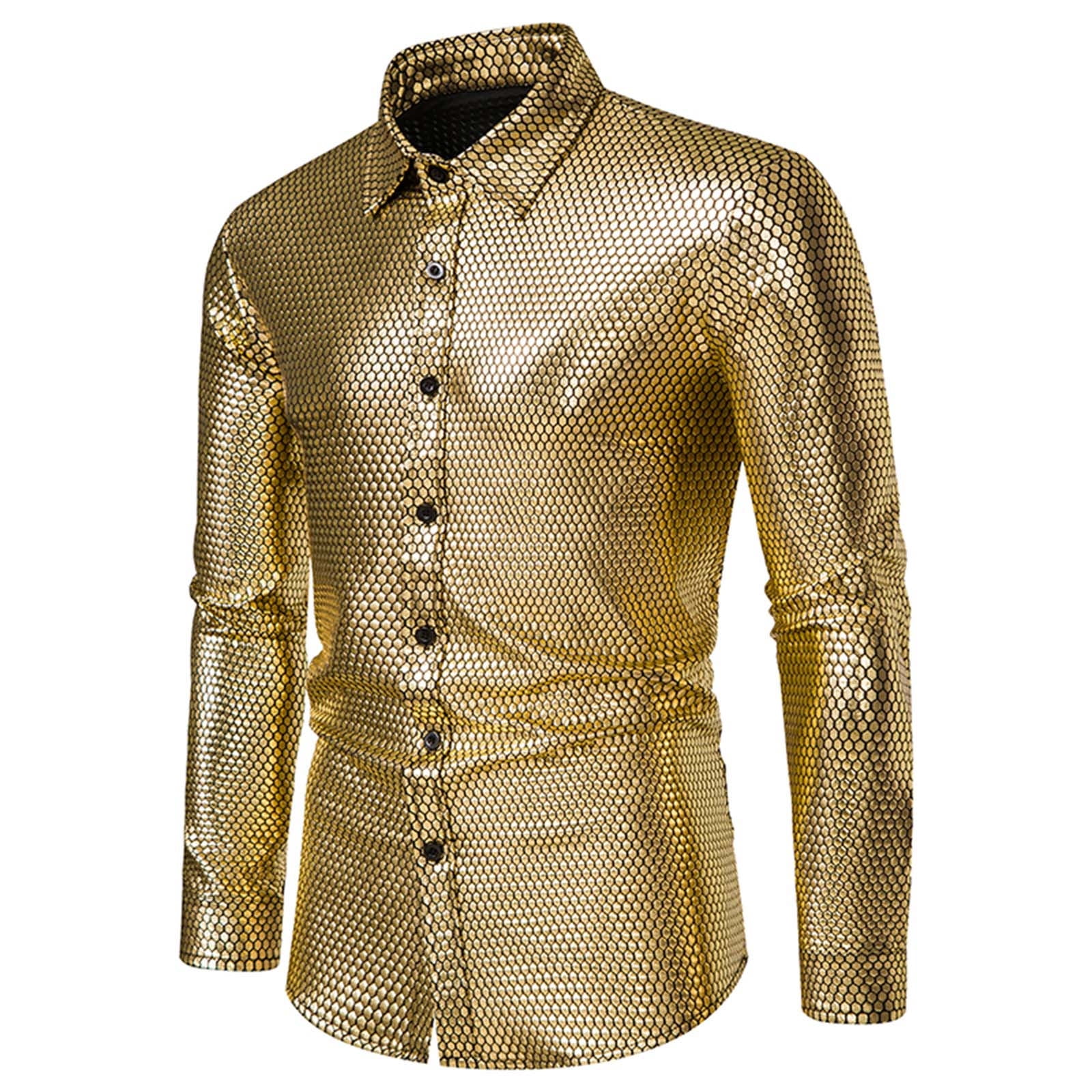 Disco Shirts Men 70s,Men's Metallic Disco Shiny Slim Fit Long Sleeve ...