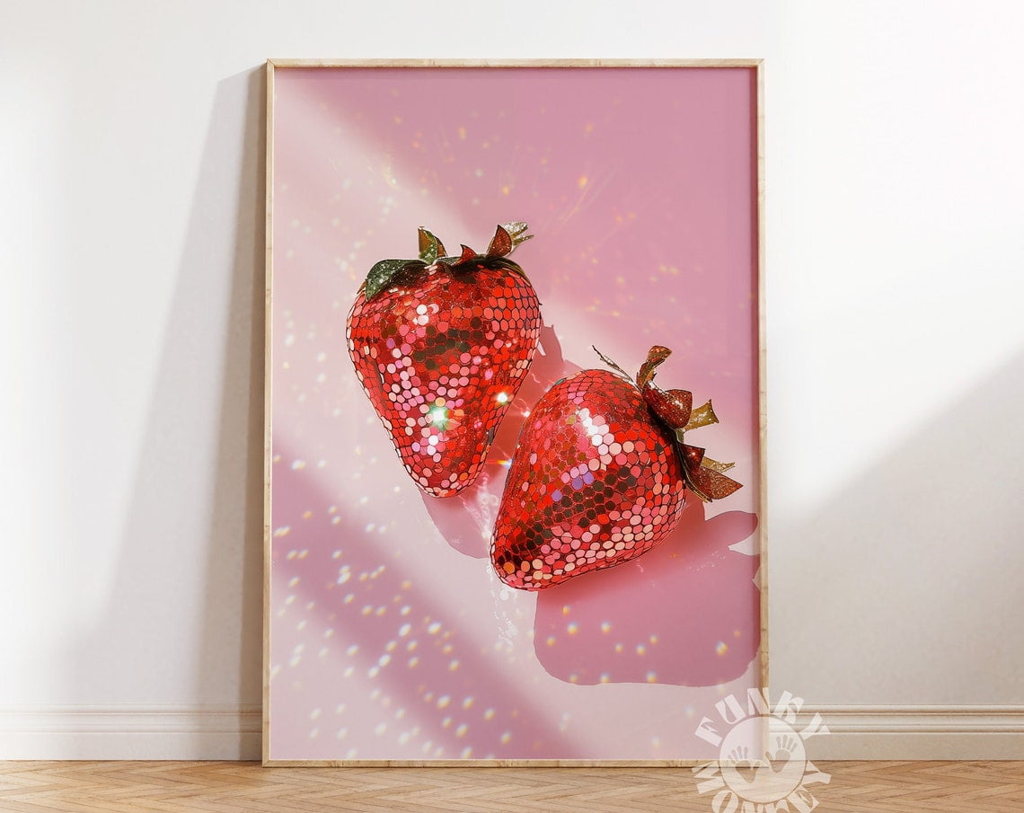 Disco Strawberries Art Print, Wall Art Poster, Preppy Trendy Dorm Room ...