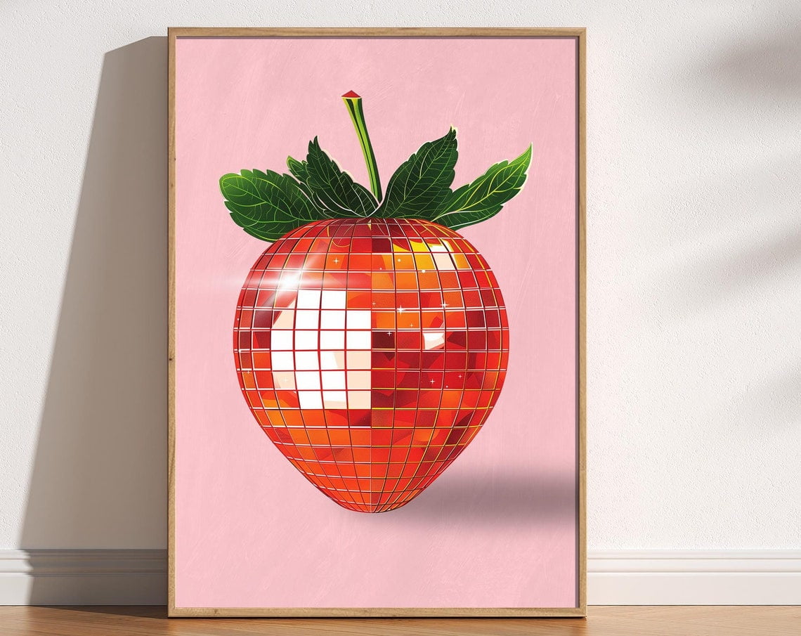 Disco Strawberry Art Print, Disco Ball Strawberry, Pink Red Trendy ...