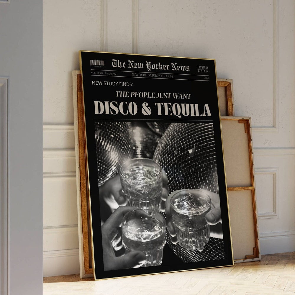 Disco And Tequila Newspaper Headline Poster, Tequila Print, Retro Bar ...