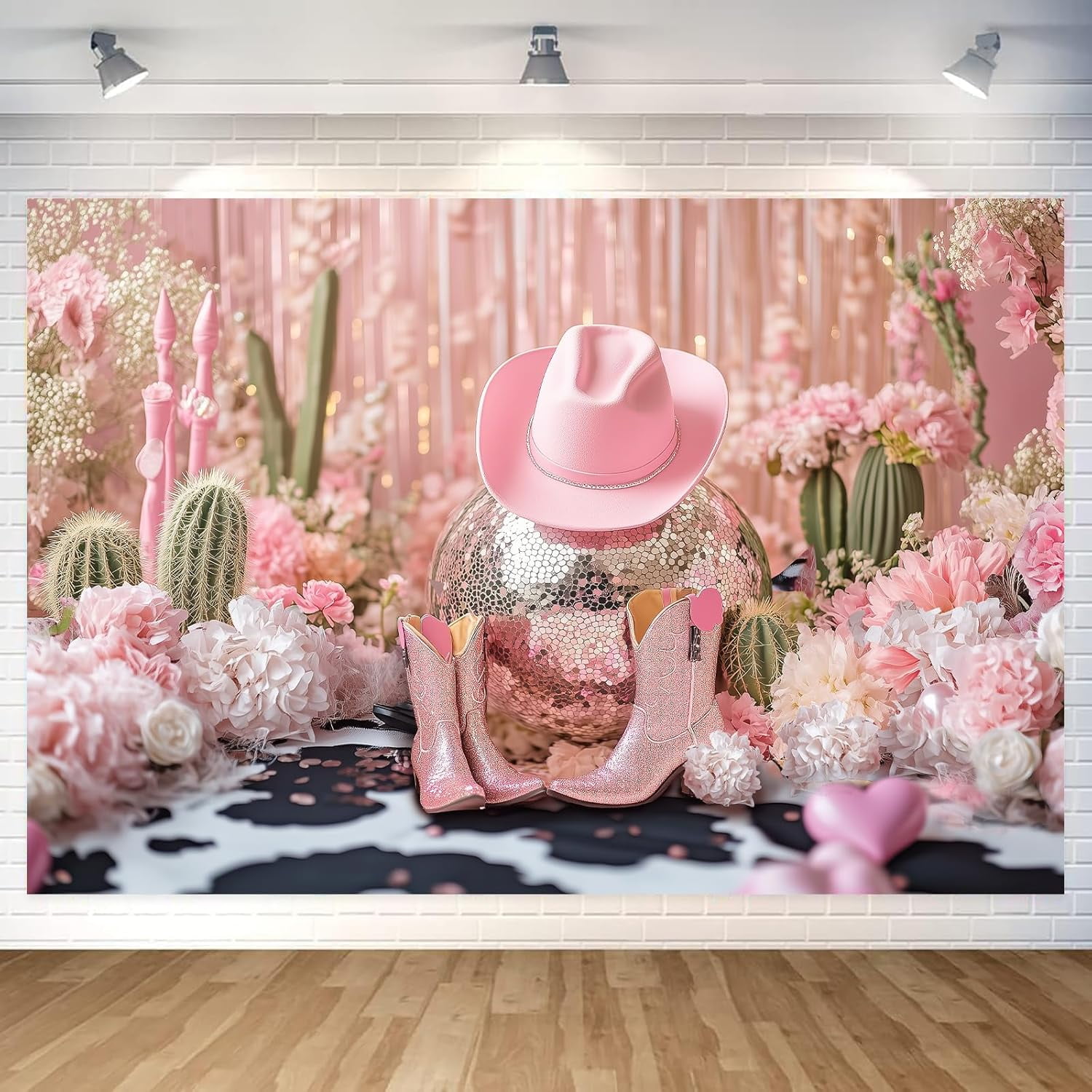 Disco Western Cowgirl Party Backdrop Pink and Black Cow Print Cowgirl ...