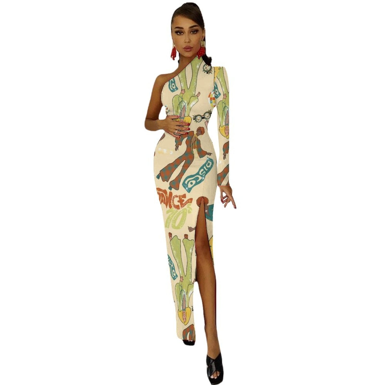 Disco dance party 70s disco pattern 70s fashion Half Dleeve Split Dress ...