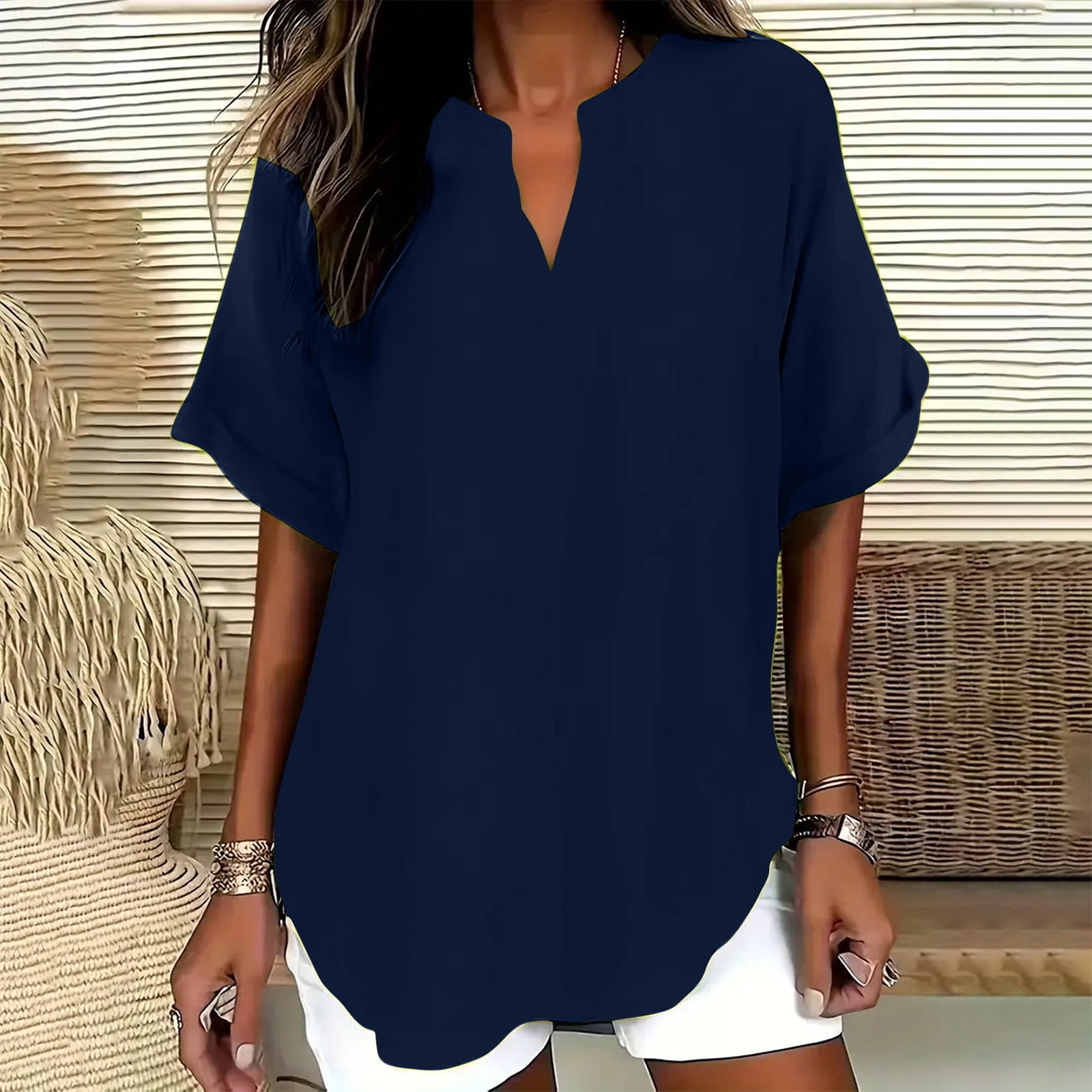 Discount Bonanza,Button Blouse, Casual V-Neck Shirt, Solid Color Loose ...