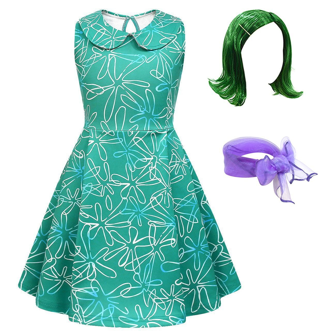 Disgust Costume Dress with Wig&Scarf for Girls Halloween Cartoon Cosplay Sleeveless Dress 110/4 ...