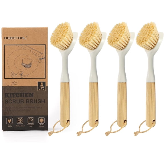Dish Brush with Built-in Scraper - 4 Pack Bamboo Dish Scrubber Brush ...