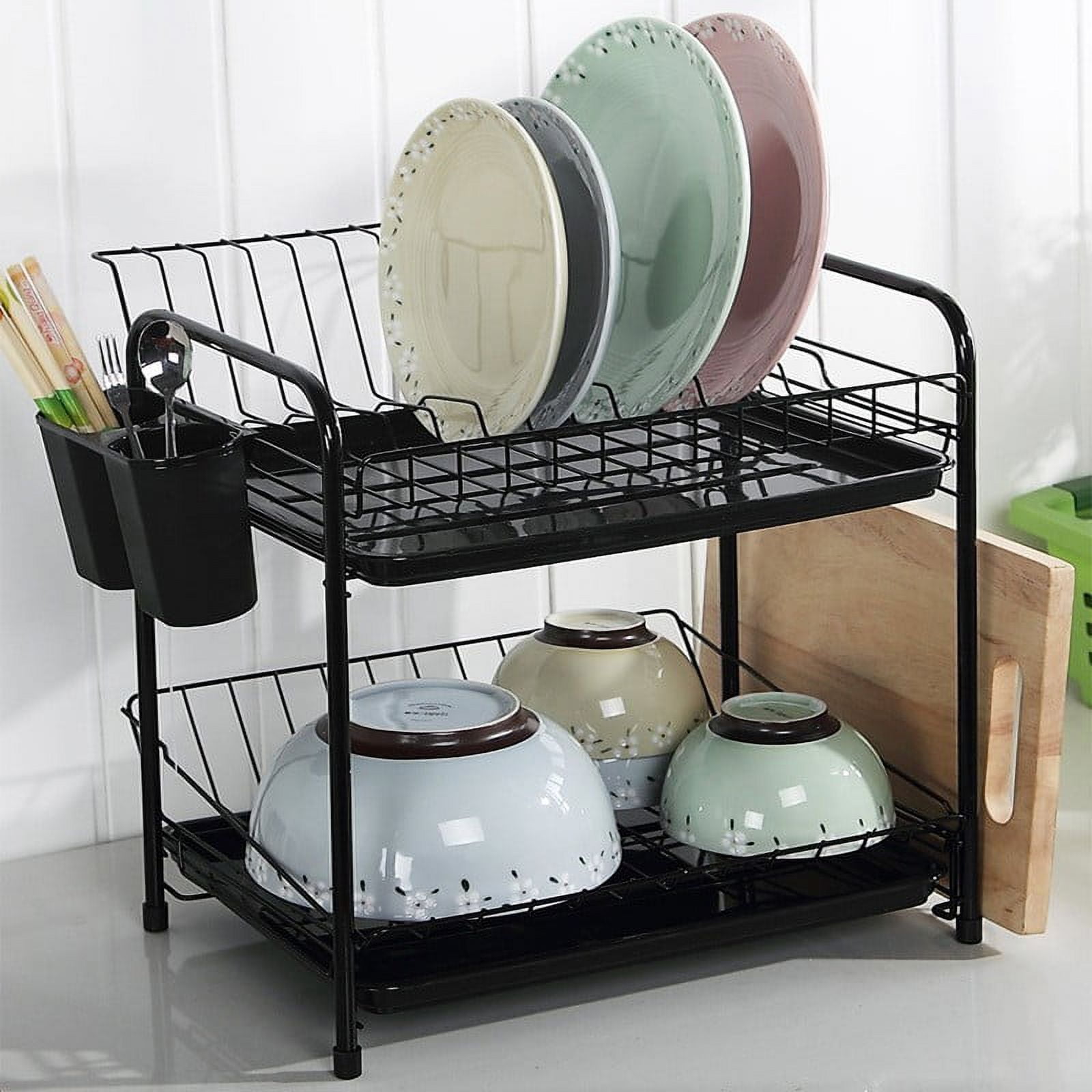 Dish Drainer, 2 Tier Stainless Steel Dish Drying Rack, Utensil Holder ...
