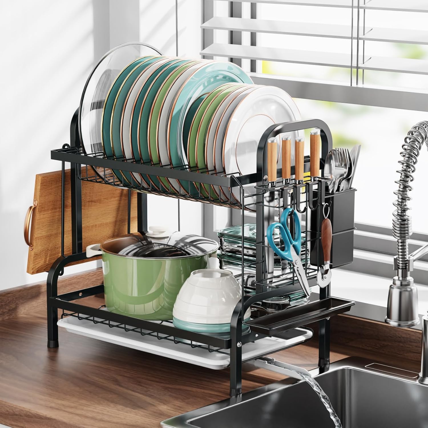 Dish Drainer - Double Layer Dish Rack with Drain Spout, Rust-Proof Dish ...