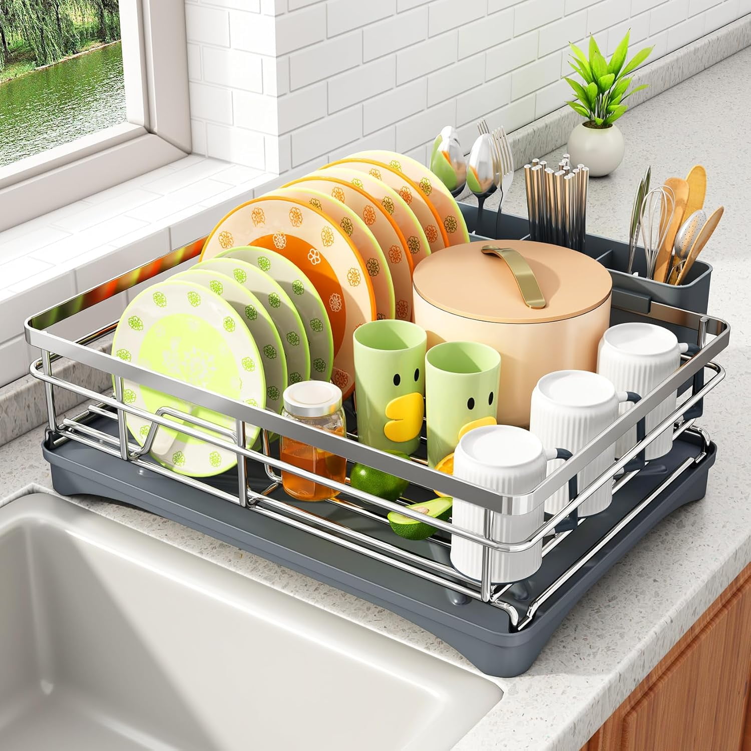 Dish Drainer - Kitchen Countertop Stainless Steel Dish Rack, Large ...