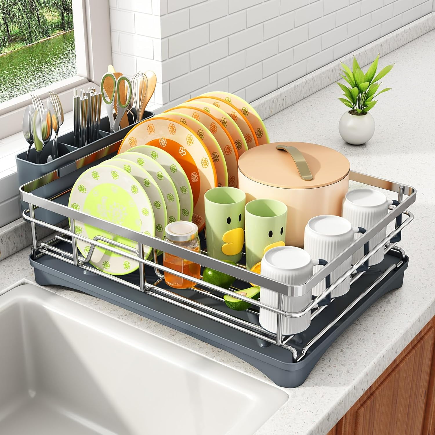 Dish Drainer - Kitchen Countertop Stainless Steel Dish Rack, Large ...