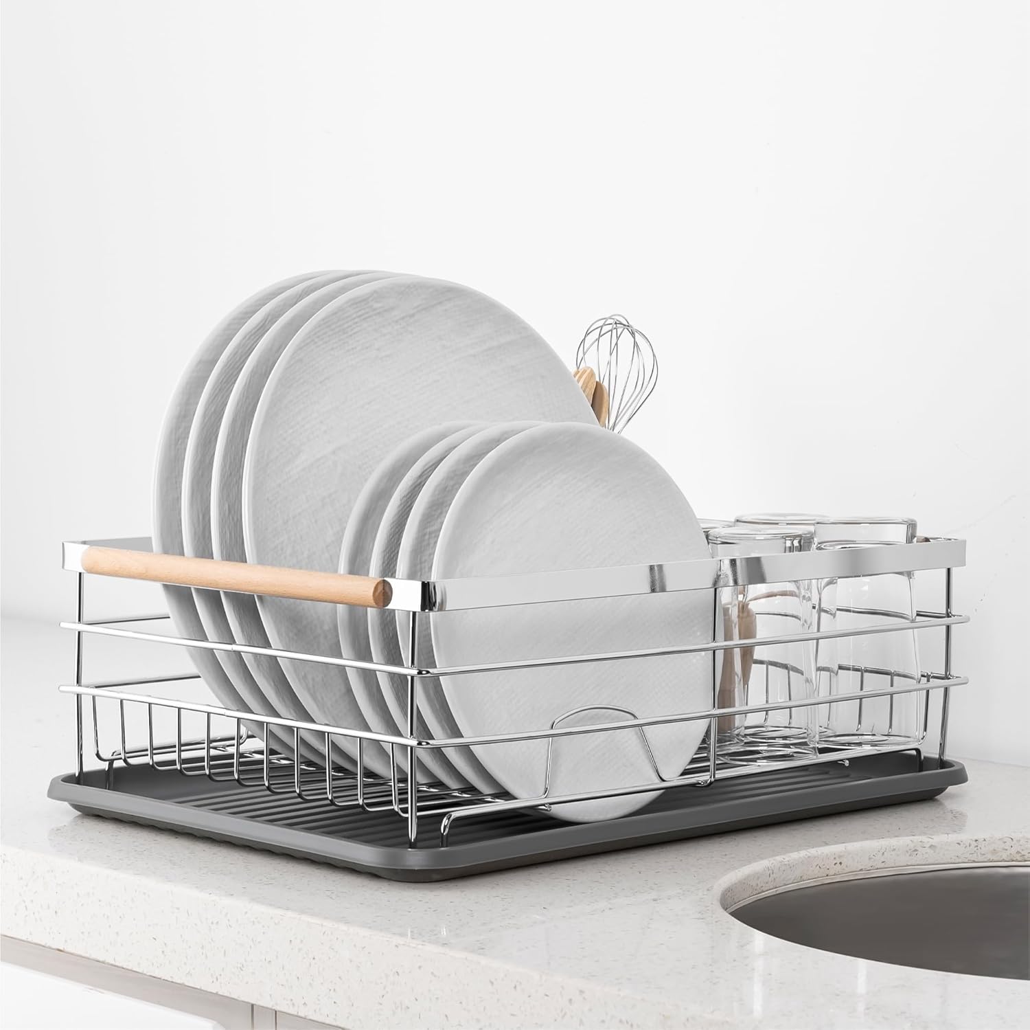 Dish Drainer - Plates, Silverware, Pots and Pans - Dish Rack with Beech ...
