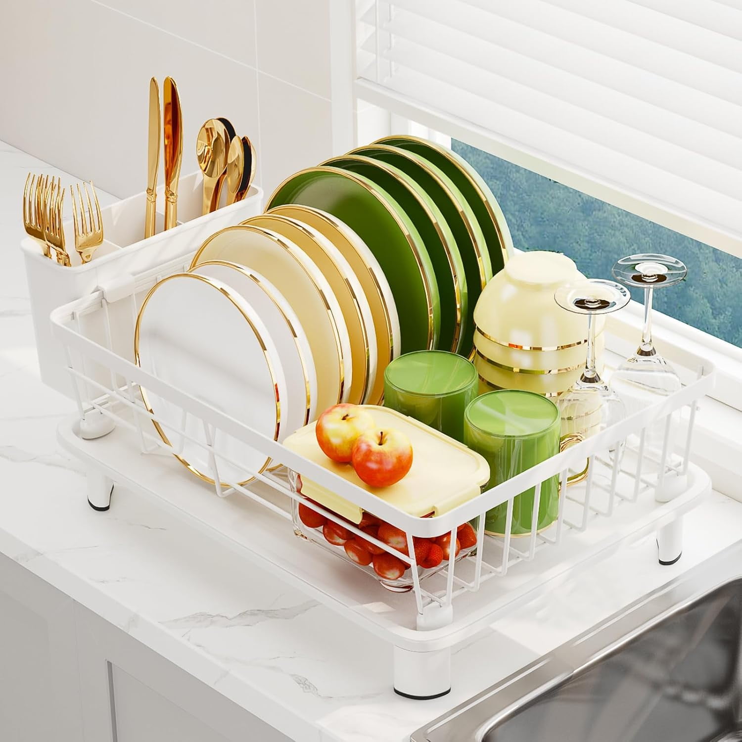 Dish Drainer Rack with Drip Tray, Sink Dish Drainer with Drainage Spout ...